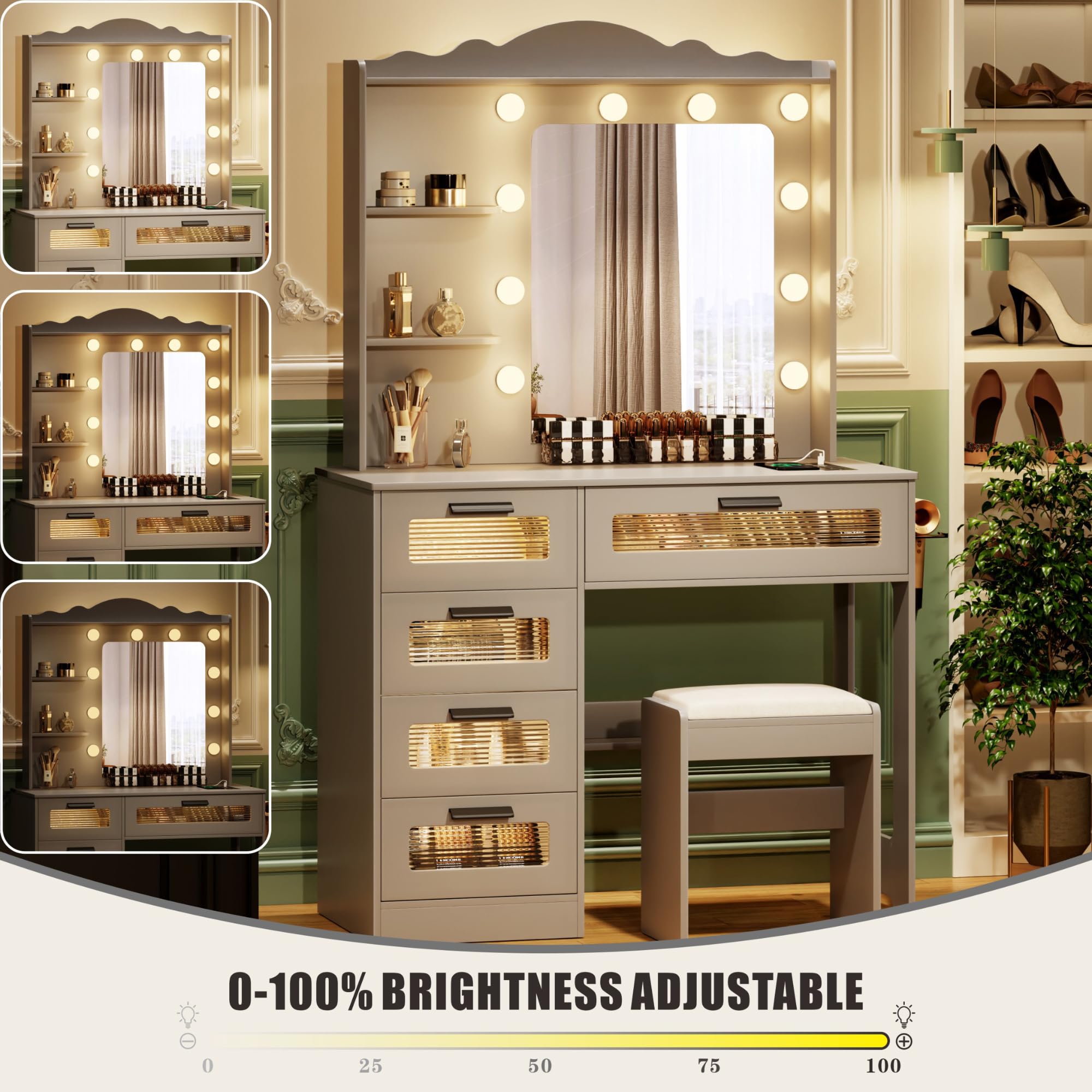 HWB Makeup Vanity Desk with Mirror and Lights,Vanity Table with 5 Drawers&2 Shelves,Vanity Set for Bedroom,Dressing Table with 10 Light Bulbs,Desk Vanity with USB Port&Human Sensor Design,Grey