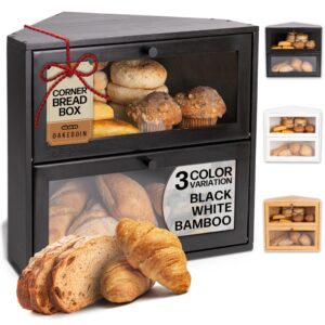 bakedbin corner bread box for kitchen countertop - extra large double layer bread boxes, vintage airtight bread storage for homemade bread, sourdough, panera, under cabinet organizer, black breadbox