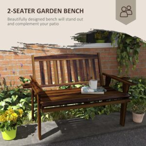 BAIVAKON Wood Outdoor Bench, 2-Person Garden Bench with Cupholder Armrests, Slatted Seat and Backrest, Park Bench for Patio, Porch, Lawn, Deck, Carbonized