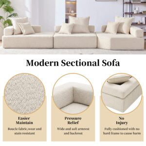 Tmsan 151.5" Oversized Modular Sectional Sofa, Modern Curved Boucle Cloud Couch Large Sleeper Lounge Sofa, Convertible Floor Clouch Set with 6 Pillows for Living Room Apartment Office