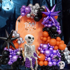 161Pcs Halloween Balloons Garland Arch Kit,Black and Orange Balloons with Skeleton Pumpkin Foil Balloons, Silver Purple Metallic Balloons for Halloween Party Decorations Birthday