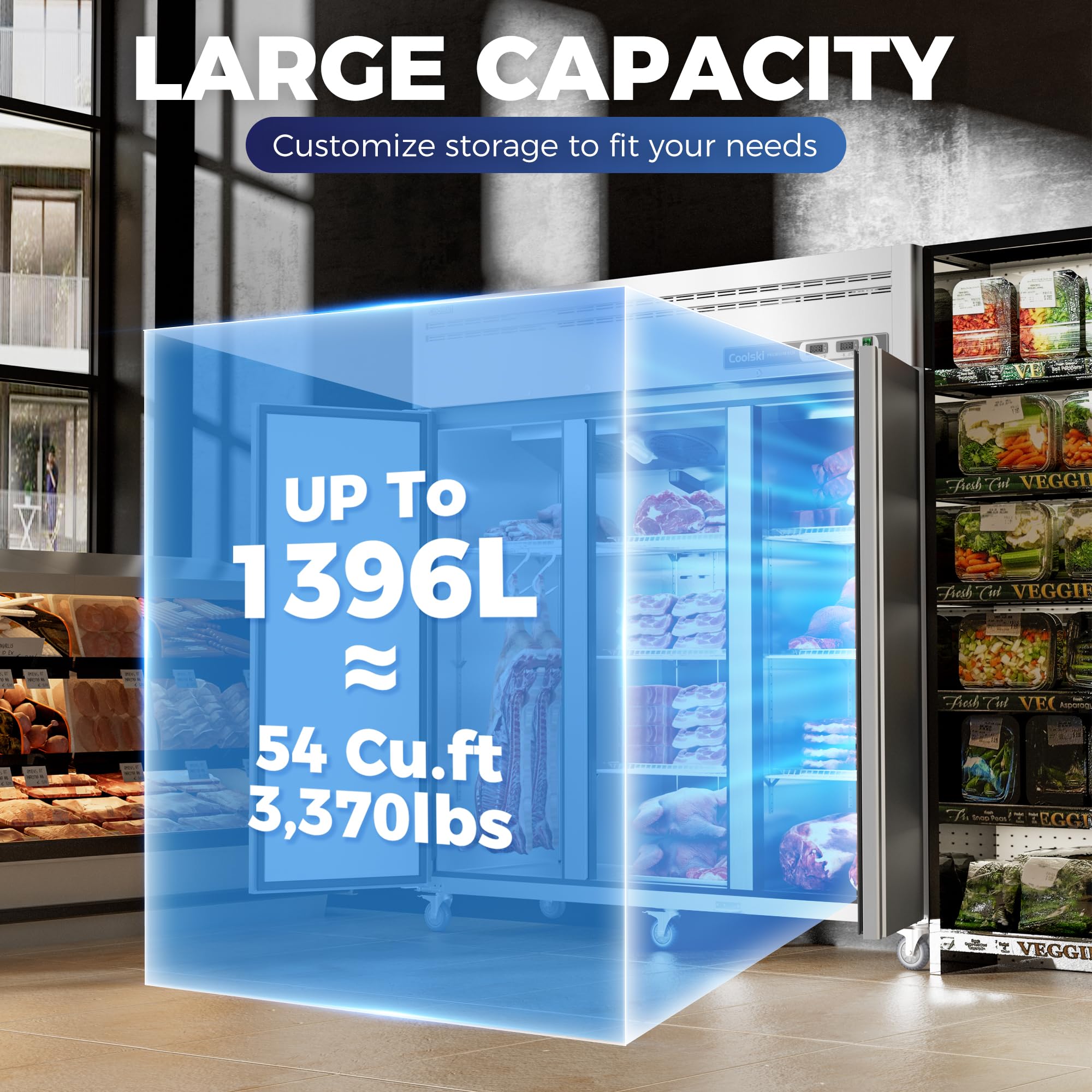 Coolski Dual Temp Commercial Refrigerator 3 Door Upright 72" W, 54 Cu.ft Reach in Fan Cooling Commercial Refrigerator and Freezer Combo for Restaurant, Kitchen, Garage, Food Truck, School, Church