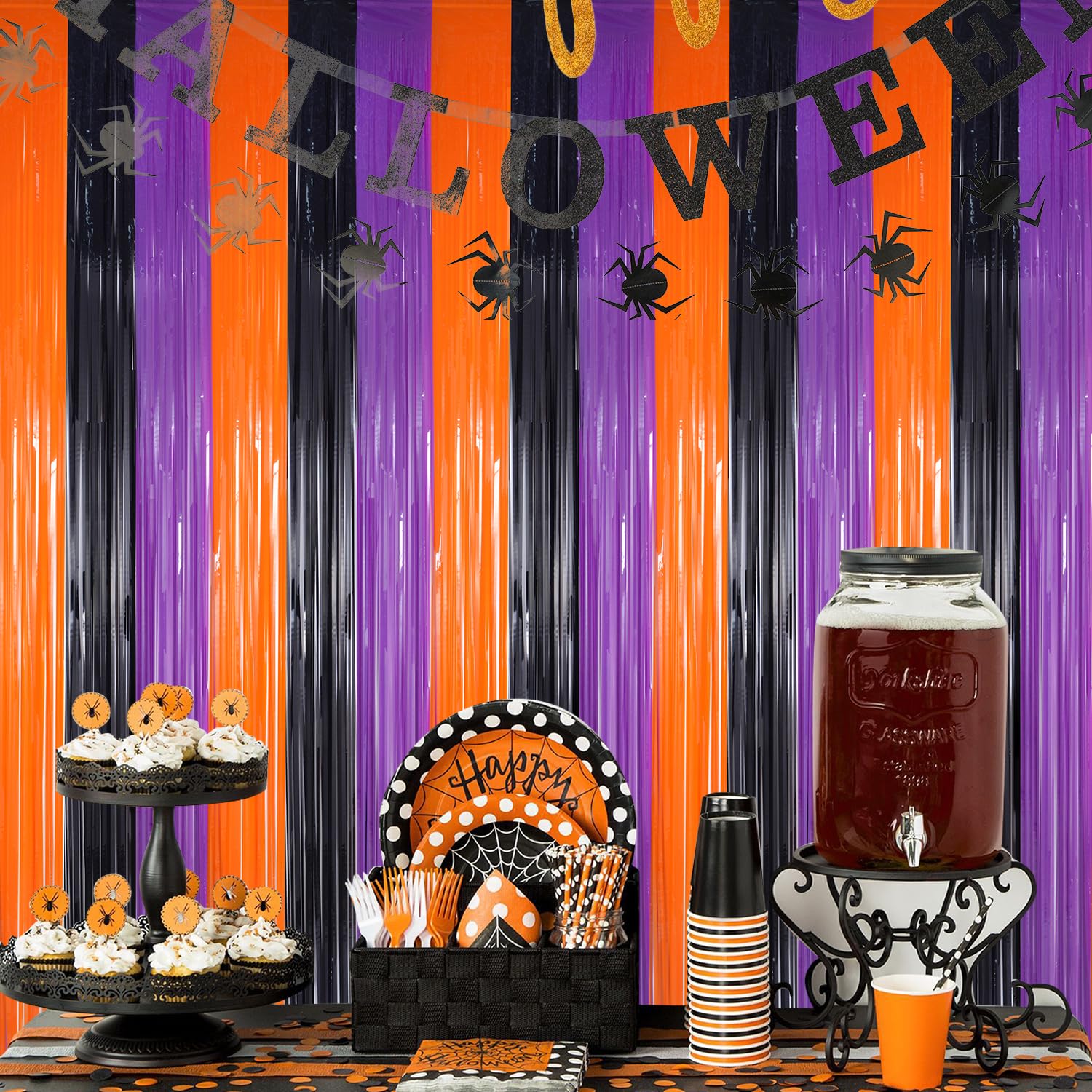 ORG Orange Purple and Black Foil Fringe Backdrop Curtains,2 Pack 3.3ftx8.2ft Halloween Tinsel Streamers Party Decortions, Photo Booth Props Backdrop for Birthday Anniversary Halloween Party Decoration