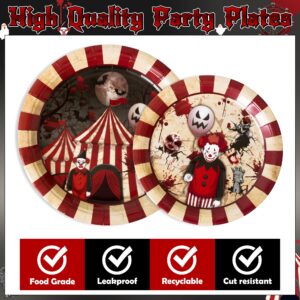 G1ngtar 96Pcs Halloween Circus Party Plates Supplies - Creepy Carnival Party Tableware Decoration Horror Evil Skull Disposable Paper Plates Napkin Fork for Kids Birthday Baby Shower, Serves 24