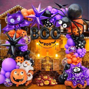 157pcs halloween balloon garland arch kit, eye balloons with spider, bat ghost pumpkin spider web boo black purple star foil balloons, purple orange and black balloons for halloween party decorations