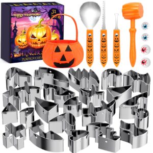 pumpkin carving kit, halloween pumpkin carving tools, 31pcs stainless steel pumpkin carver set for halloween decoration jack-o-lanterns, easy & safe diy pumpkin carving stencils for kids adults