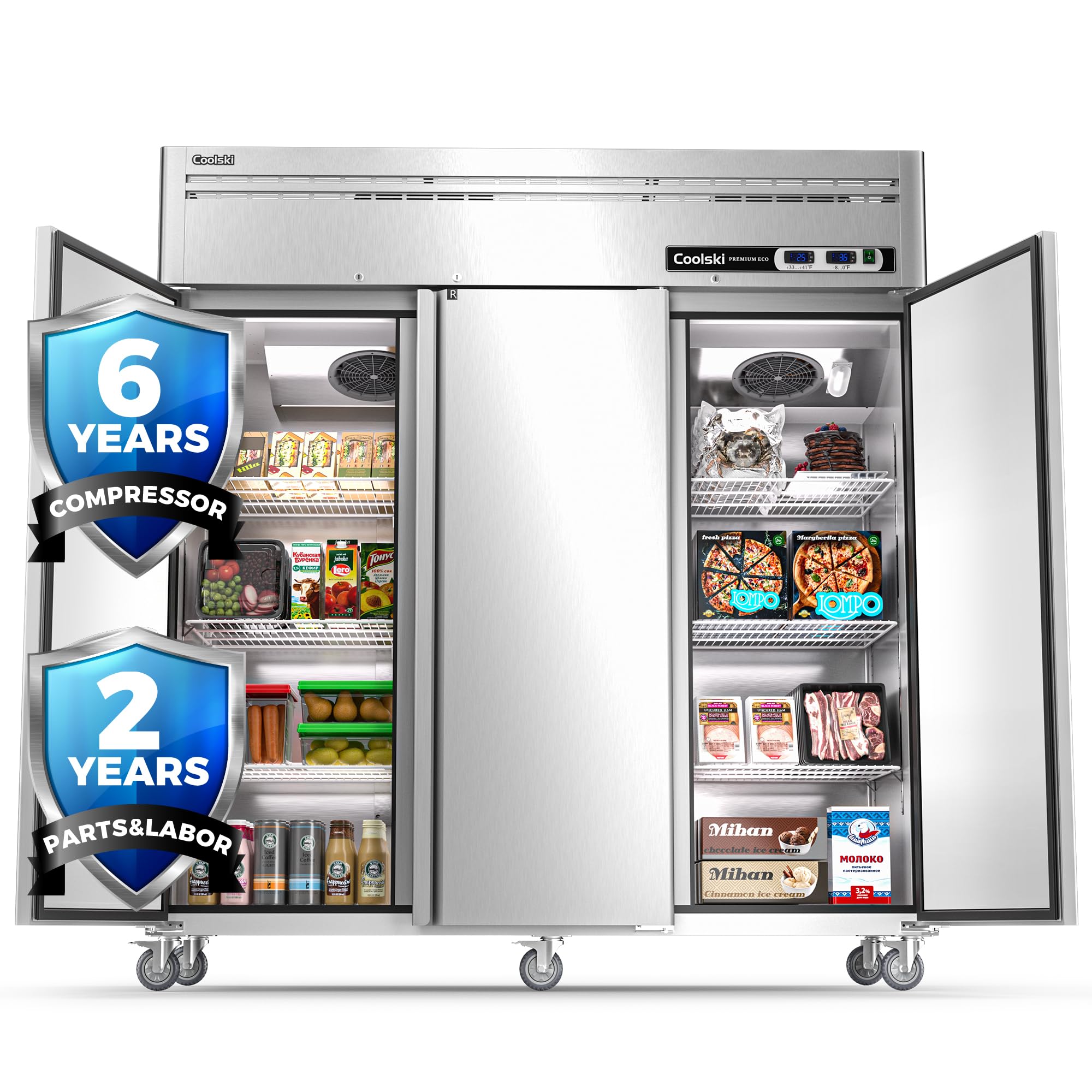 Coolski Dual Temp Commercial Refrigerator 3 Door Upright 72" W, 54 Cu.ft Reach in Fan Cooling Commercial Refrigerator and Freezer Combo for Restaurant, Kitchen, Garage, Food Truck, School, Church