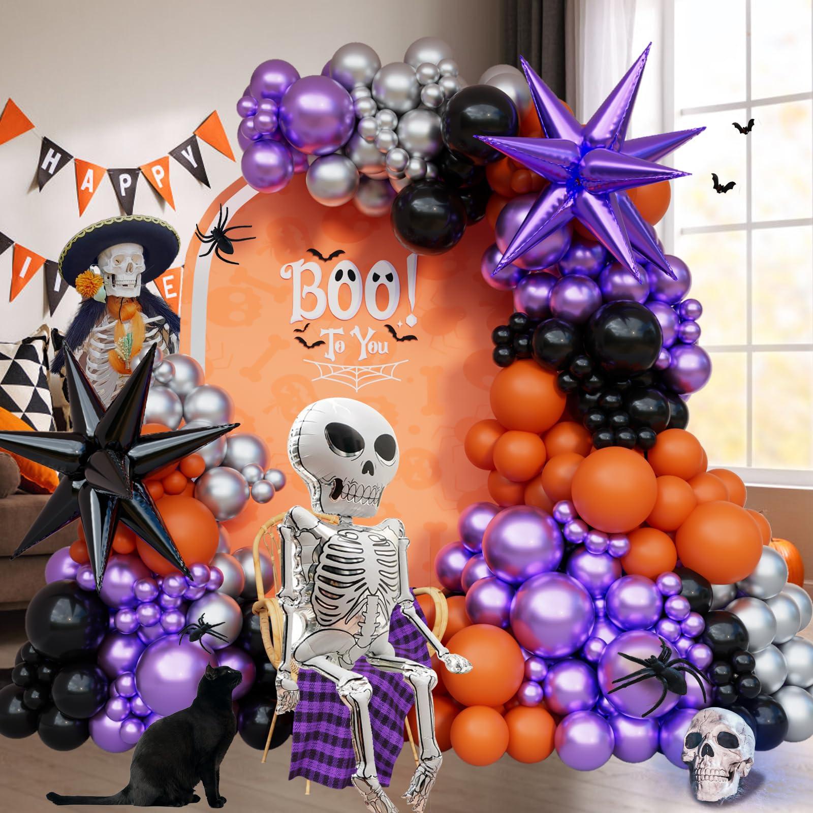 161Pcs Halloween Balloons Garland Arch Kit,Black and Orange Balloons with Skeleton Pumpkin Foil Balloons, Silver Purple Metallic Balloons for Halloween Party Decorations Birthday