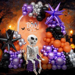 161Pcs Halloween Balloons Garland Arch Kit,Black and Orange Balloons with Skeleton Pumpkin Foil Balloons, Silver Purple Metallic Balloons for Halloween Party Decorations Birthday