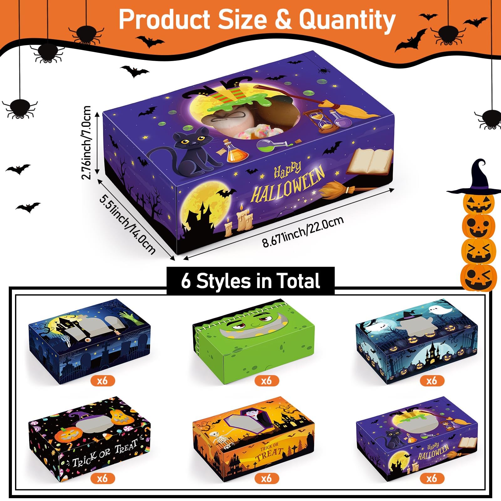 Pasimy 36 Pcs Halloween Cookie Boxes with Window 8.7 x 5.5 x 2.8 Inch Halloween Treat Boxes Bulk Trick or Treat Cupcake Candy Dessert Containers for Halloween Bakery Pastry Packaging Supplies