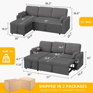 DWVO Convertible L-Shaped Sofa Bed, 2 in 1 Sleeper Sofa with Pull Out Couch Bed, 86" Sectional Sofa with Storage Chaise and Pocket for Living Room, Grey Teddy Fleece