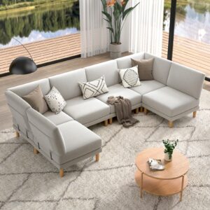 copiae 122” modular sectional sofa, 6 seat oversized sectional couch with chaise, modern u shaped couch set with metal frame& wooden legs, performance fabric sleeper sectional sofas for living room