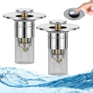 2pcs bathroom sink stopper hair catcher,pop up sink drain filter with removable stainless steel filter basket hair catcher,sink plug for us universal bathroom sink stopper replacement(1.10-1.38inch)