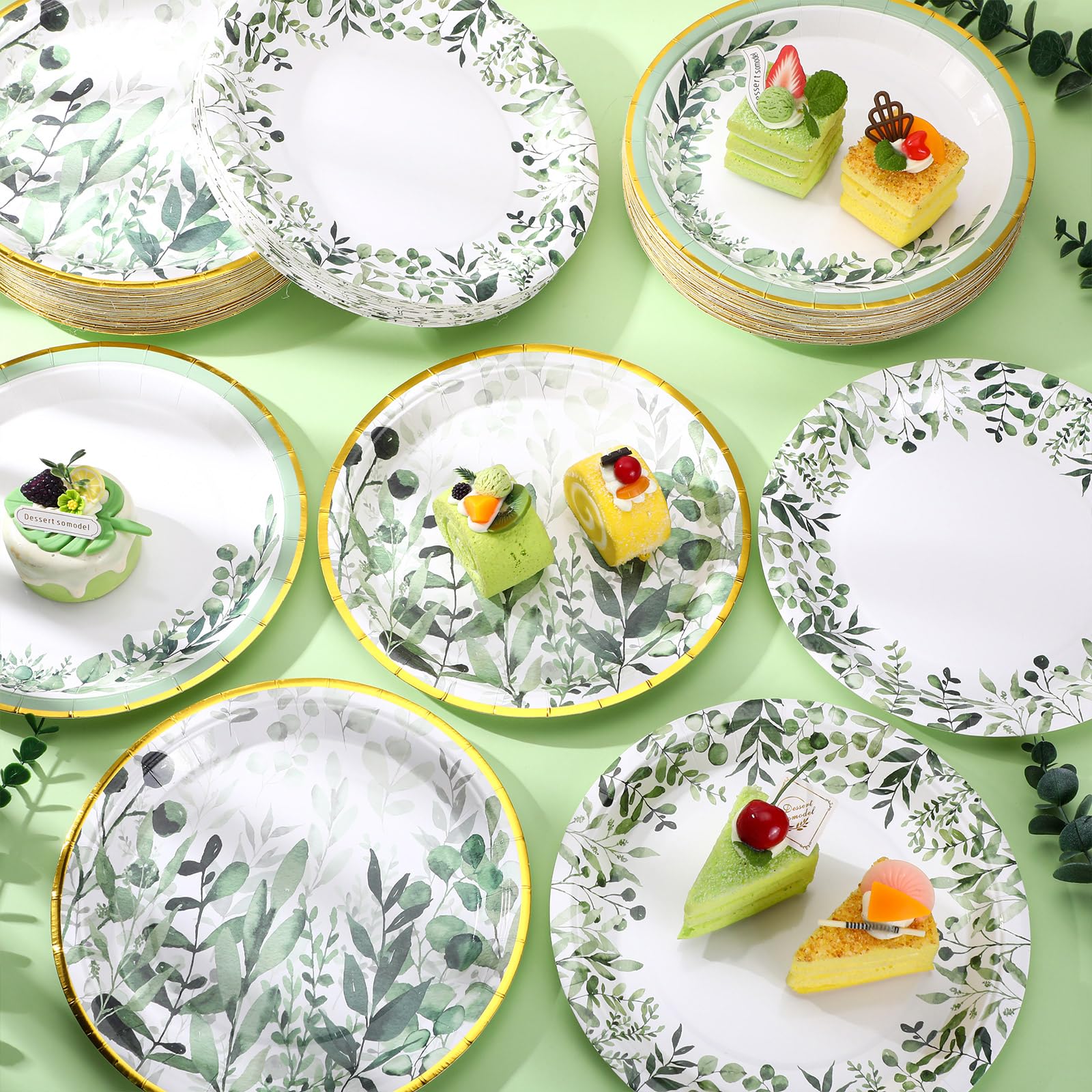 Yungyan 144 Pcs Sage Green Paper Plates with Gold Rim Sage Green Tableware Party Supplies Eucalyptus Dessert Plates Greenery Floral Plates for Baby Shower Bridal Wedding Birthday Party (9 Inch)