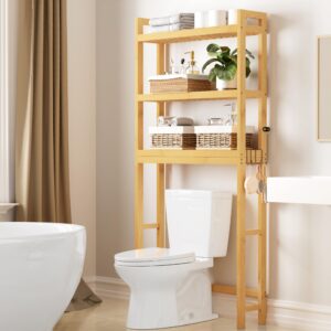 smiry over the toilet storage, bamboo 3-tier over toilet bathroom organizer with adjustable shelf, fit most toilets, space saving, stable freestanding storage cabinet with 4 hooks, natural