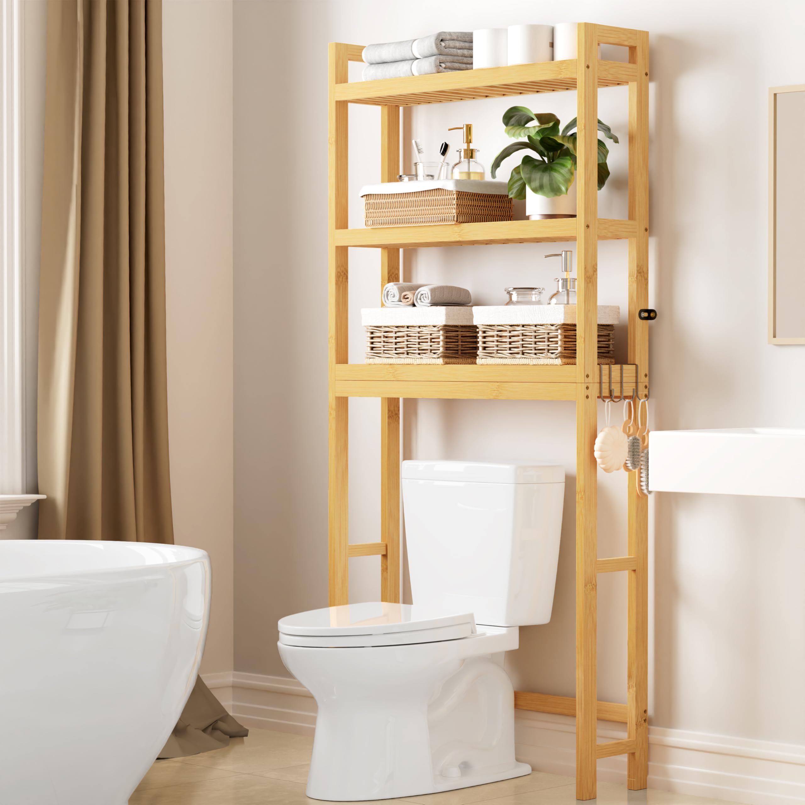 Smiry Over The Toilet Storage, Bamboo 3-Tier Over Toilet Bathroom Organizer with Adjustable Shelf, Fit Most Toilets, Space Saving, Stable Freestanding Storage Cabinet with 4 Hooks, Natural