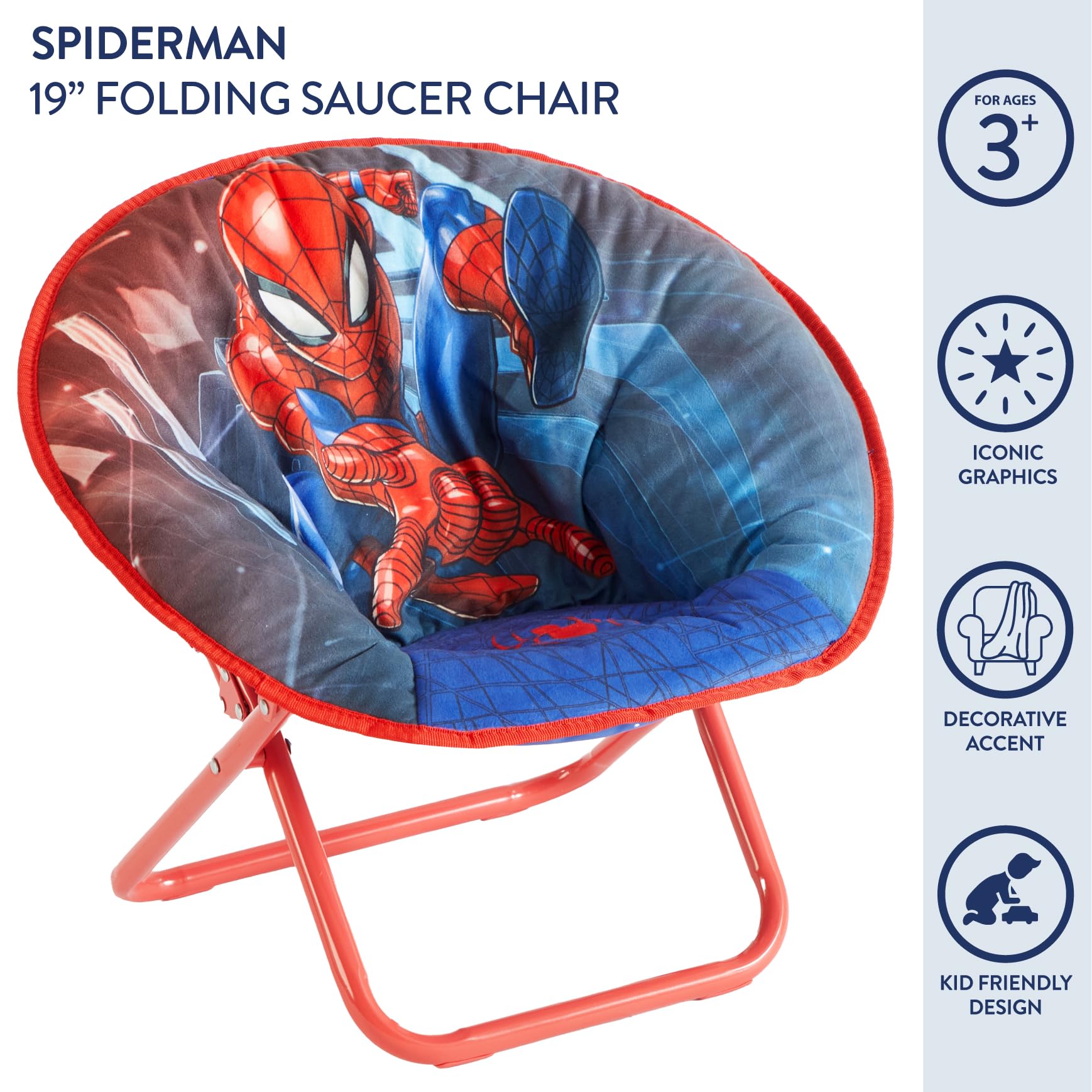 Idea Nuova Marvel Spiderman 19” Frame Folding Toddler Saucer™ Chair with Cushion, Ages 3+