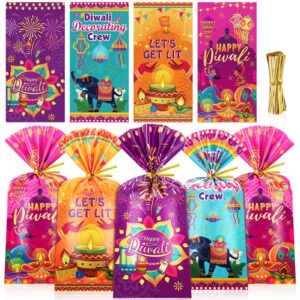 howaf 100pcs happy diwali cellophane bags, diwali candy bags with twist ties for festival of lights party favor supplies, indian deepavali goodie bags elephants gift wrapping bags, 4 design