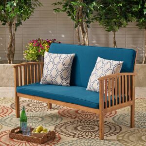 merax outdoor acacia wood loveseat, modern 2 seat sofa for backyard & patio, brown & teal