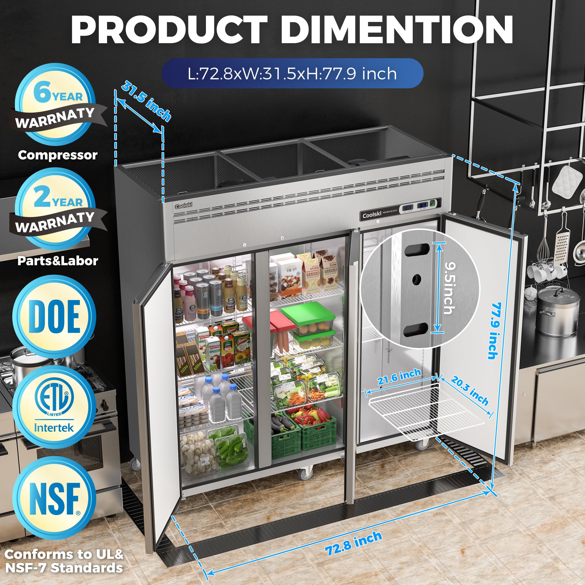 Coolski Dual Temp Commercial Refrigerator 3 Door Upright 72" W, 54 Cu.ft Reach in Fan Cooling Commercial Refrigerator and Freezer Combo for Restaurant, Kitchen, Garage, Food Truck, School, Church