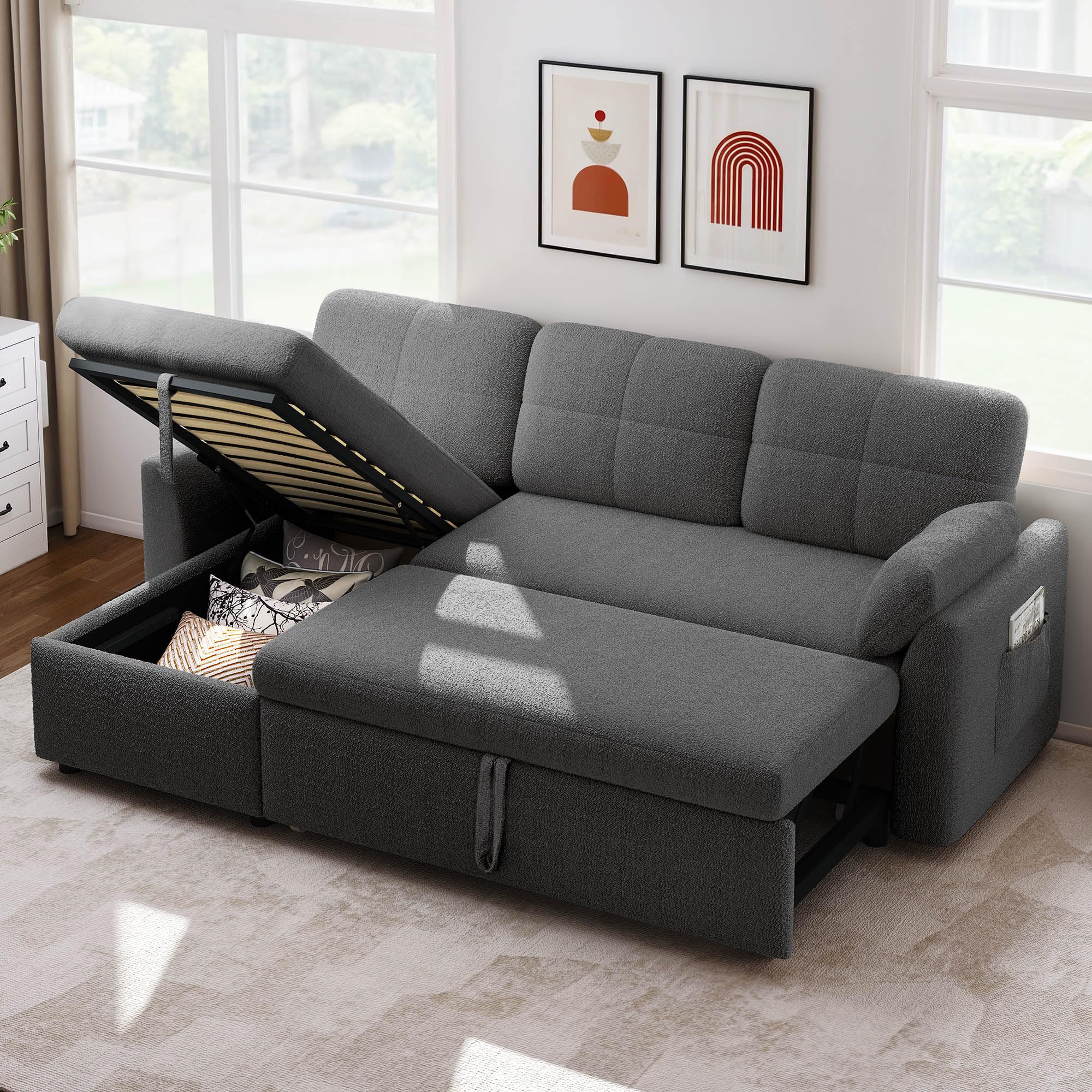 DWVO Convertible L-Shaped Sofa Bed, 2 in 1 Sleeper Sofa with Pull Out Couch Bed, 86" Sectional Sofa with Storage Chaise and Pocket for Living Room, Grey Teddy Fleece