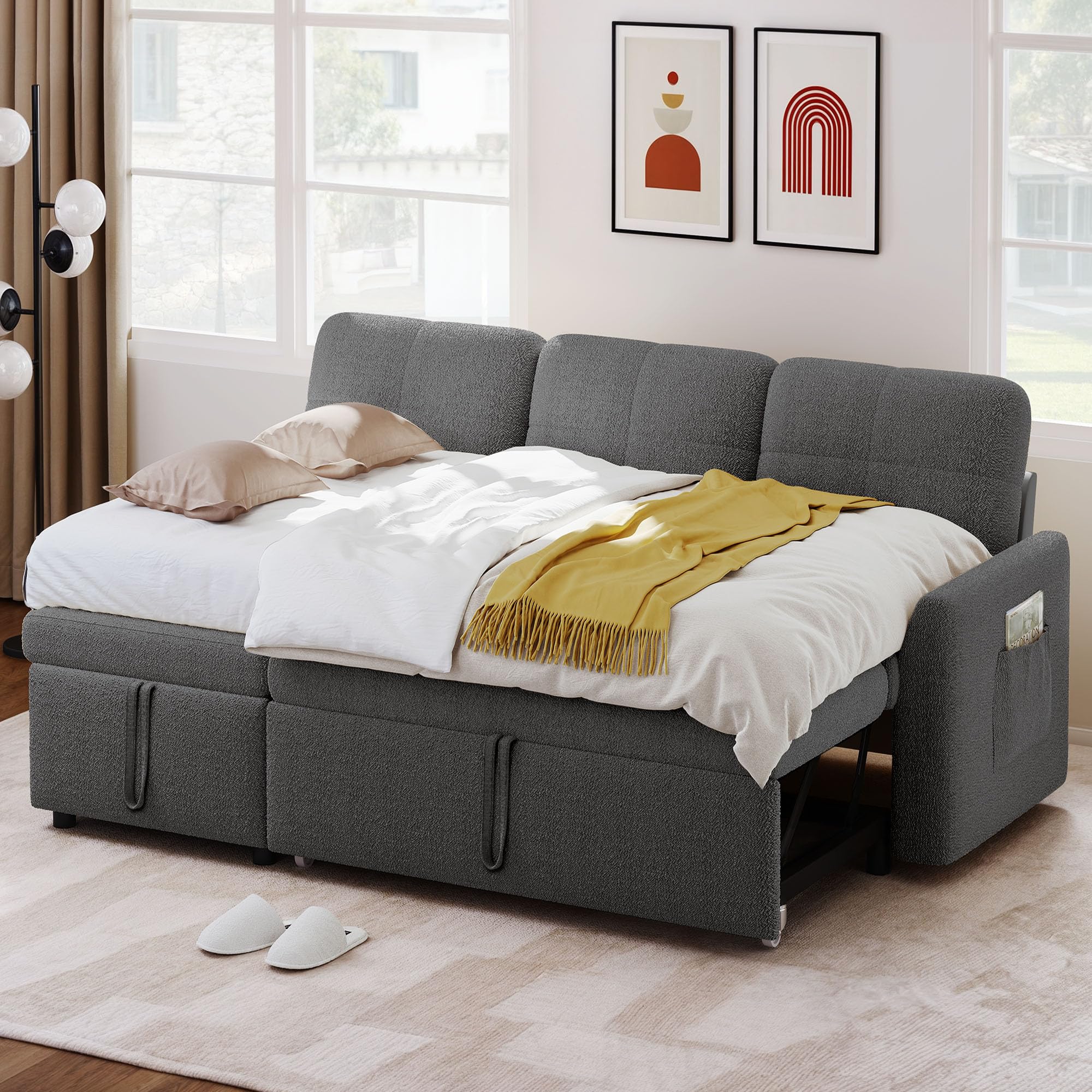 DWVO Convertible L-Shaped Sofa Bed, 2 in 1 Sleeper Sofa with Pull Out Couch Bed, 86" Sectional Sofa with Storage Chaise and Pocket for Living Room, Grey Teddy Fleece