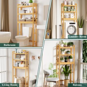 Smiry Over The Toilet Storage, Bamboo 3-Tier Over Toilet Bathroom Organizer with Adjustable Shelf, Fit Most Toilets, Space Saving, Stable Freestanding Storage Cabinet with 4 Hooks, Natural