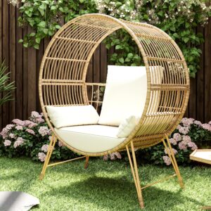 brafab outdoor egg chair, oversized wicker patio chairs with 6.69'' cushions, 350lbs capacity, indoor round rattan nest chair with stand, easy assembly boho chair for living room, porch, backyard