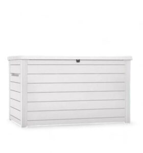 230 gallon deck storage box outdoor patio container – weather-resistant, lockable outdoor storage solution for patio, garden, and poolside (white)