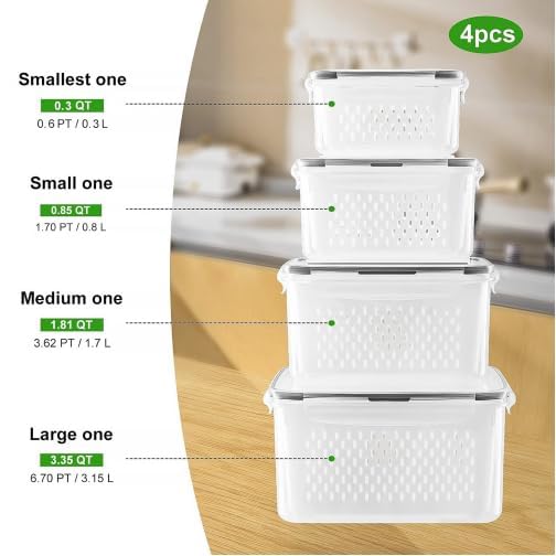 4 PCS Large Fruit storage Containers for Fridge with Removable Colanders, Leakproof Food Storage Containers with lids, Dishwasher & microwave safe Produce Containers to Keep Fruits Berry Fresh longer