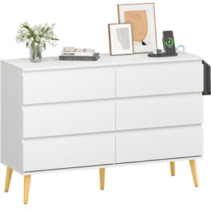 nunu lab dresser for bedroom wooden with 6 drawers, chest of drawers with metal rails for bedroom, living room, storage cabinet, closet, hallway high dresser, white