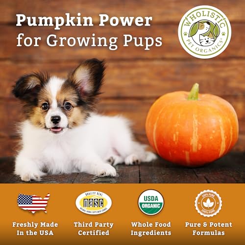 Wholistic Pet Organics Puppy Essentials - 8 Oz - Organic Pumpkin Powder Dog Supplement for Skin & Coat Health, Itching Relief, Omega 3 & Probiotics - Vitamins for Immune Support, Dog Food Additive