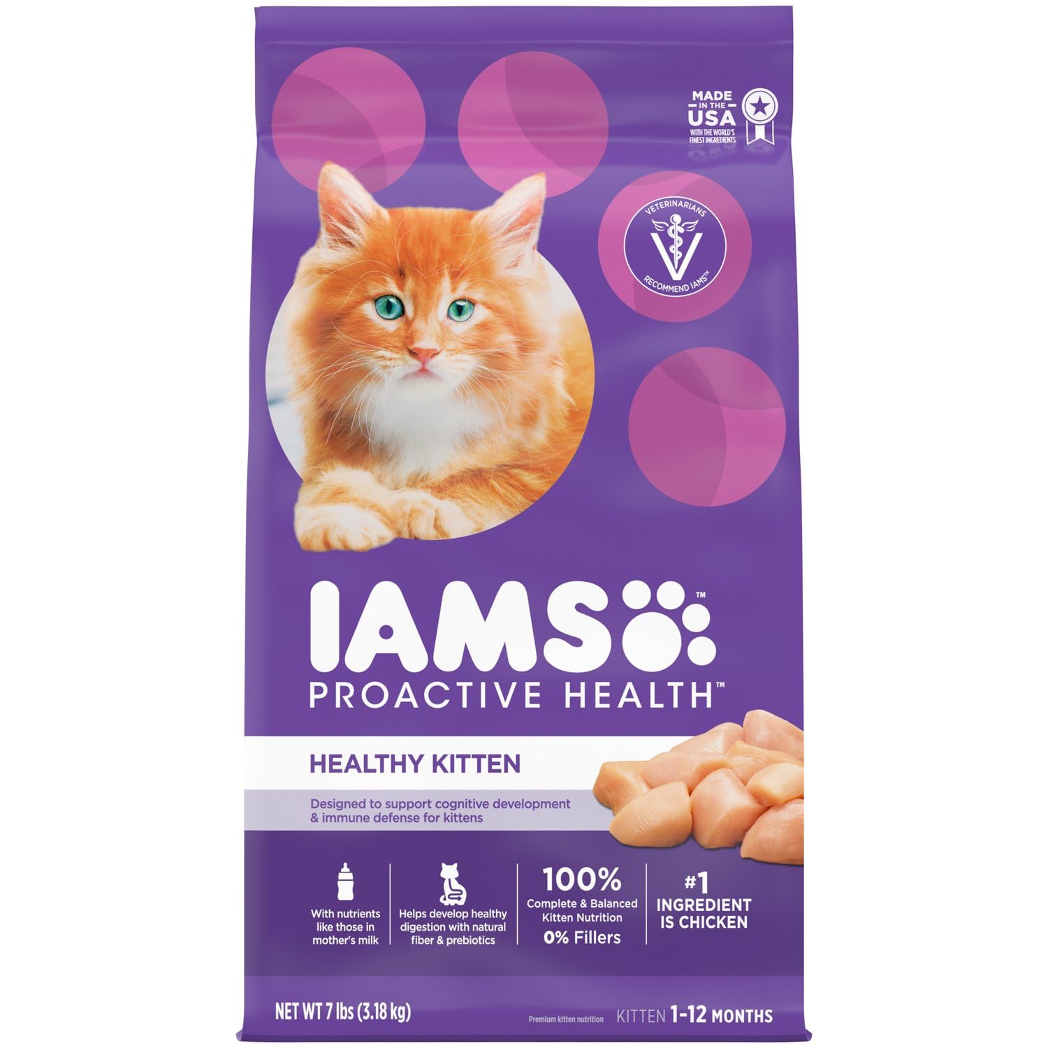 P L-RA IMS Proactive Health Healthy Kitten Dry Cat Food with Chicken, Omega-3 DHA, 100% Complete and Balanced Nutrition, 7 lb. Bag