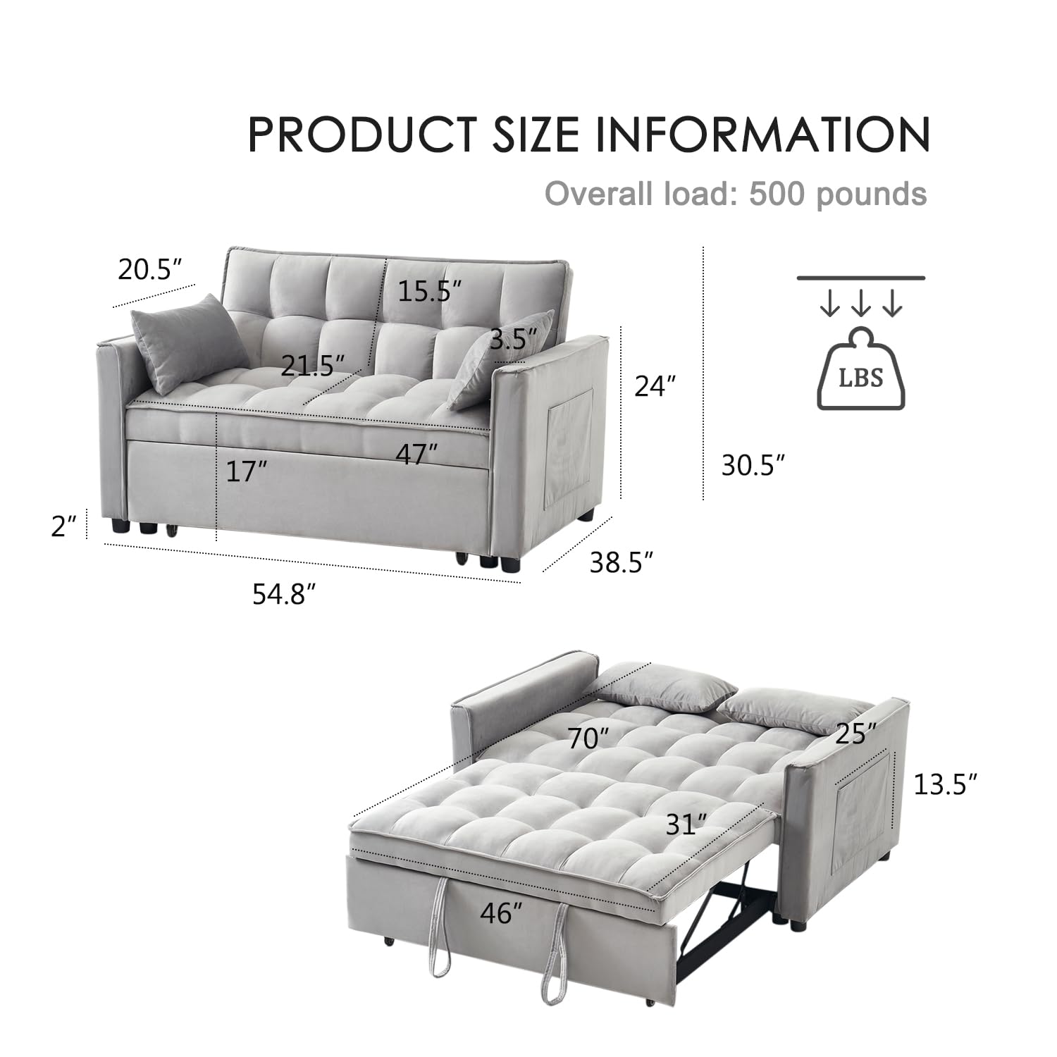 FENFSHE Futon Sofa Bed, Modern Velvet 3 in 1 Convertible Sleeper Sofa Couch Bed, Pullout Couch Bed with Adjustable Backrest, Storage Pockets and Toss Pillows for Living Room, Bedroom (Grey)