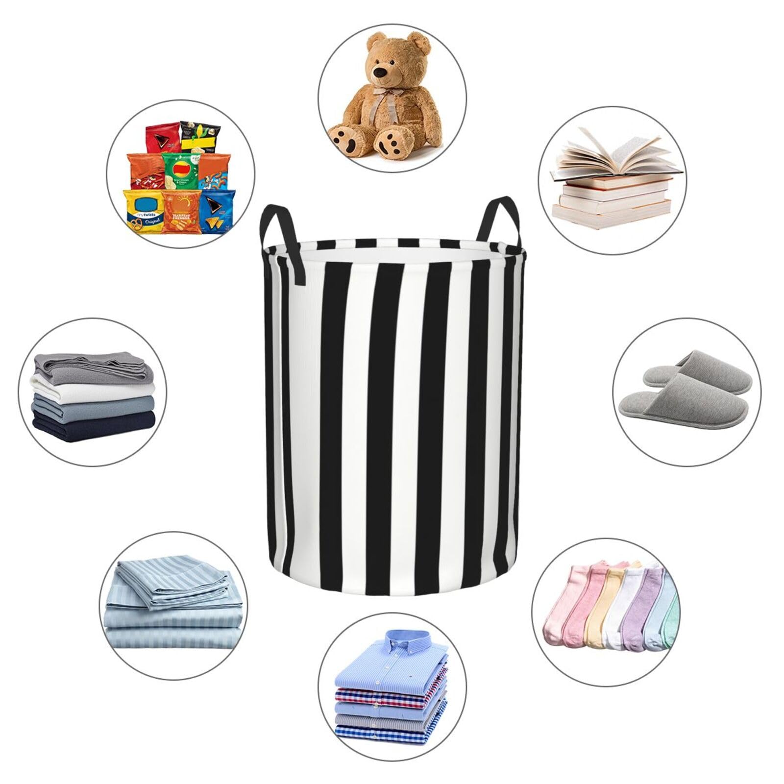 Black And-White Stripes Cartoon Cute Laundry Hamper Circular Laundrys Basket Waterproof Foldable Storage Clothes Bag