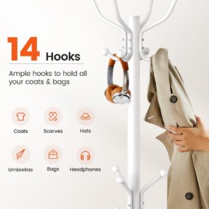 Pipishell Coat Rack with 14 Hooks, Freestanding Coat Rack Stand for Entryway, Hallway, Bedroom, and Office, Metal Coat Tree & Hat Rack for Coats, Hats, and Bags, White