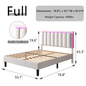 IMMERSTABLE Full Size Bed Frame with Smart LED Headboard, Upholstered Bed Frame Full with Double Headboard, Heavy Duty Wood Slats Support, Noise-Free, No Box Spring Needed, Easy Assemble, White