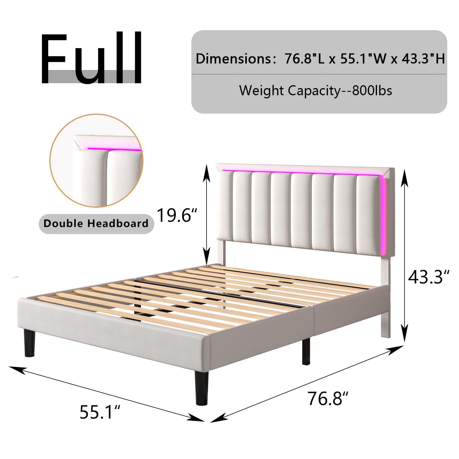 IMMERSTABLE Full Size Bed Frame with Smart LED Headboard, Upholstered Bed Frame Full with Double Headboard, Heavy Duty Wood Slats Support, Noise-Free, No Box Spring Needed, Easy Assemble, White