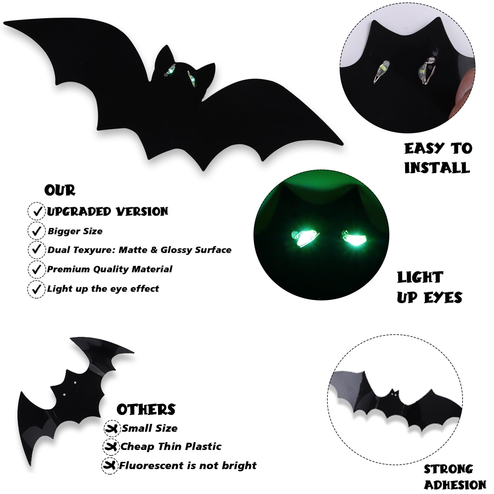 DIYASY Bats Halloween Decoration, Glow in The Dark Bats Wall Decor Large Light up Bats Led 3D Bats Plastic Sticky Bat Cutouts for Outside Home Outdoor Indoor Yard Decorative Decals