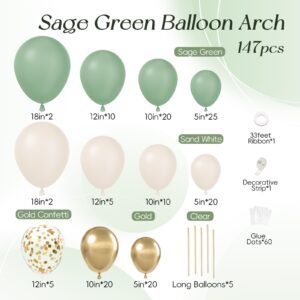 147pcs Sage Green Balloon Arch Kit, Sage Green Gold Sand White Balloons for Wedding Engagement Anniversary Bridal Shower Baby Shower Birthday Party Decorations