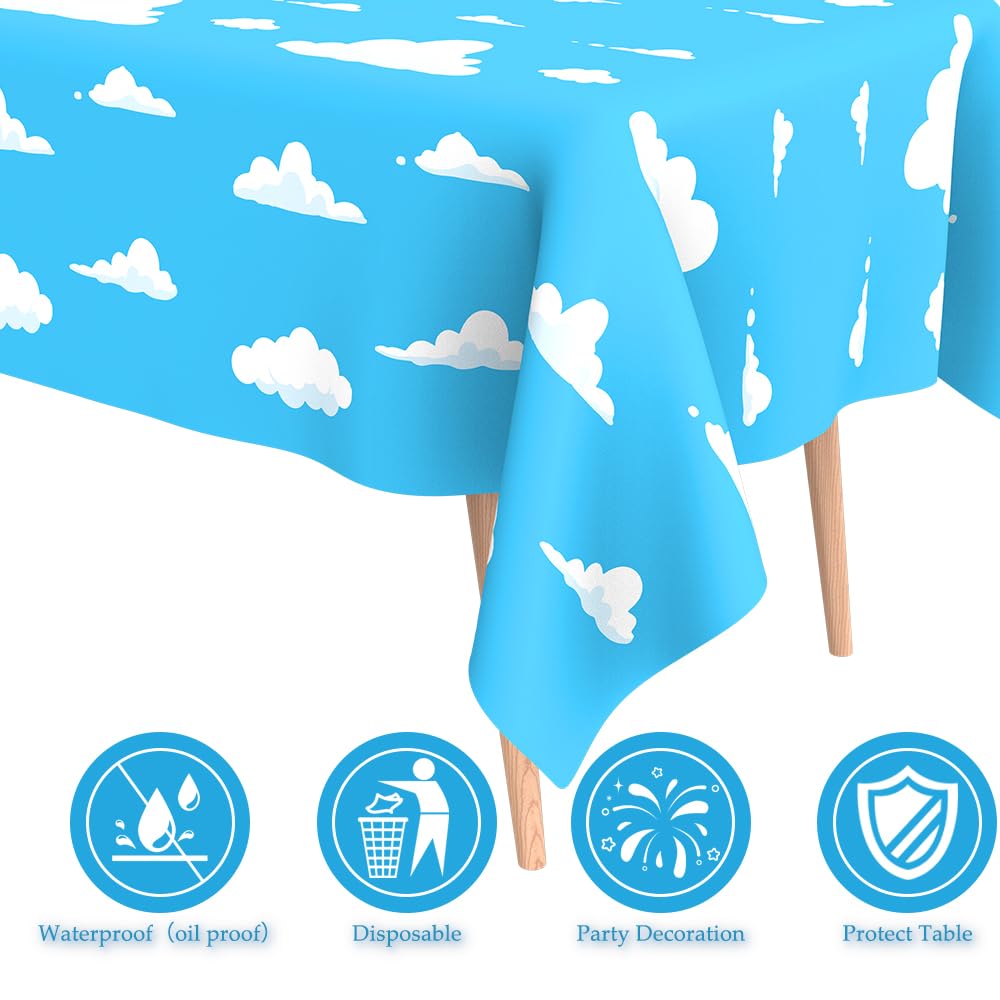 2Pcs Blue Sky and White Clouds Tablecloth Birthday Party Supplies, 54x108 Inch Cartoon Story Tablecloth, Cartoon Tablecovers Party Table Cover for Baby Boy Girl Kids Shower Birthday Party Decorations