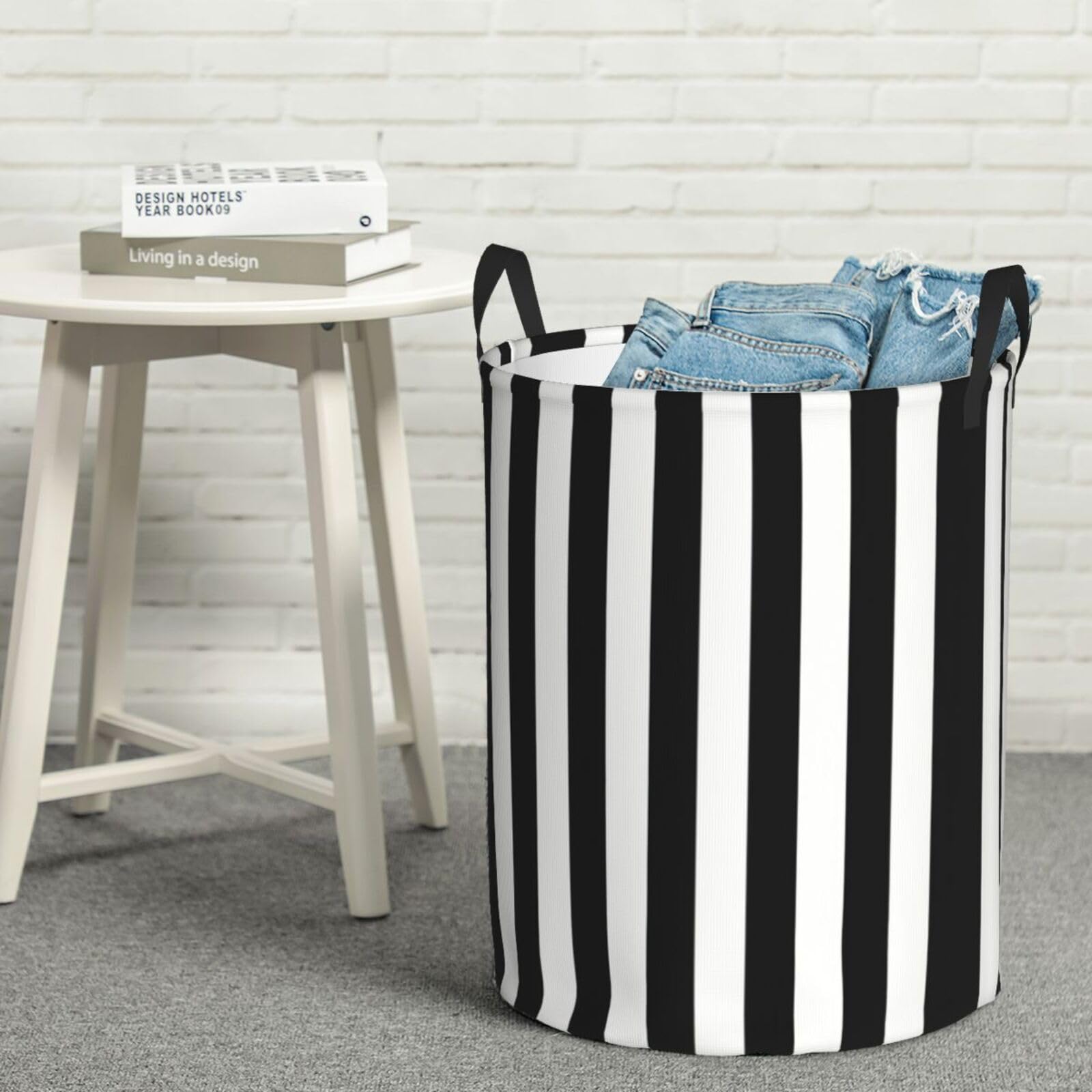 Black And-White Stripes Cartoon Cute Laundry Hamper Circular Laundrys Basket Waterproof Foldable Storage Clothes Bag