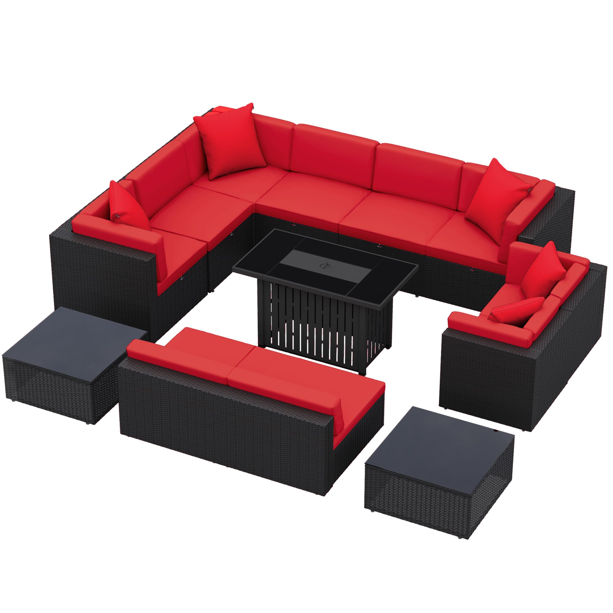 Greesum Patio Furniture Sets 13-Pieces Outdoor PE Rattan Sectional Sofa w/43in Gas Fire Pit Table 55000 BTU Add Warmth to Gatherings Parties On Deck Garden Backyard, Red