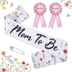 wildflower mom to be sash baby shower decorations, baby in bloom floral mommy to be sash dad corsage pin set for pregnant mommy dress gift