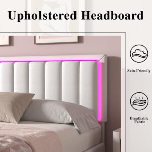 IMMERSTABLE Full Size Bed Frame with Smart LED Headboard, Upholstered Bed Frame Full with Double Headboard, Heavy Duty Wood Slats Support, Noise-Free, No Box Spring Needed, Easy Assemble, White