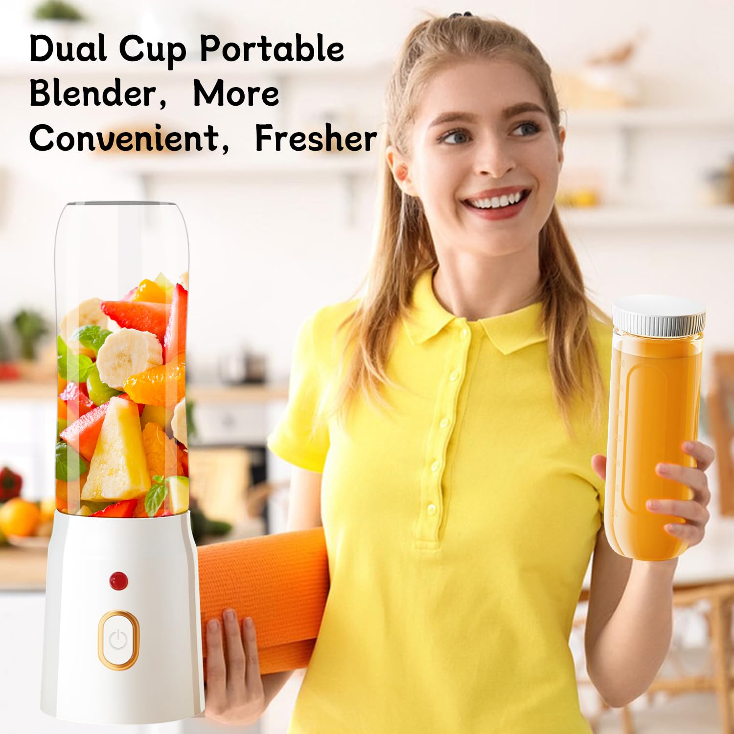 Personal Size Blender for Shakes and Smoothies,15.6 oz Portable Blender with 10 Blades,Rechargeable Mixers Fresh Fruit Juicers,Multifunctional Blender with 2 cups,For Travel,Sports,Outing, white