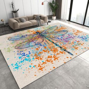 colorful dragonfly art decoration area rug, multicolor watercolor design living room rug, washable soft bedroom carpet, low pile non-slip kitchen dining room balcony rugs 6'x8'