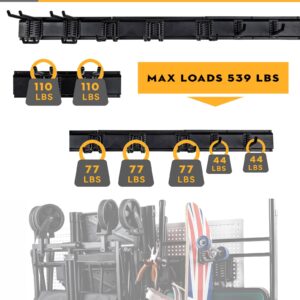 Garage Tool Organizer Wall Mount 48 Inches Max Load 539lbs ，Garage Storage, Garage Organization, Adjustable with 7 Heavy Duty Hooks and 4 Cable Ties, Yard Tools holder and Power Tool Organizer Rack