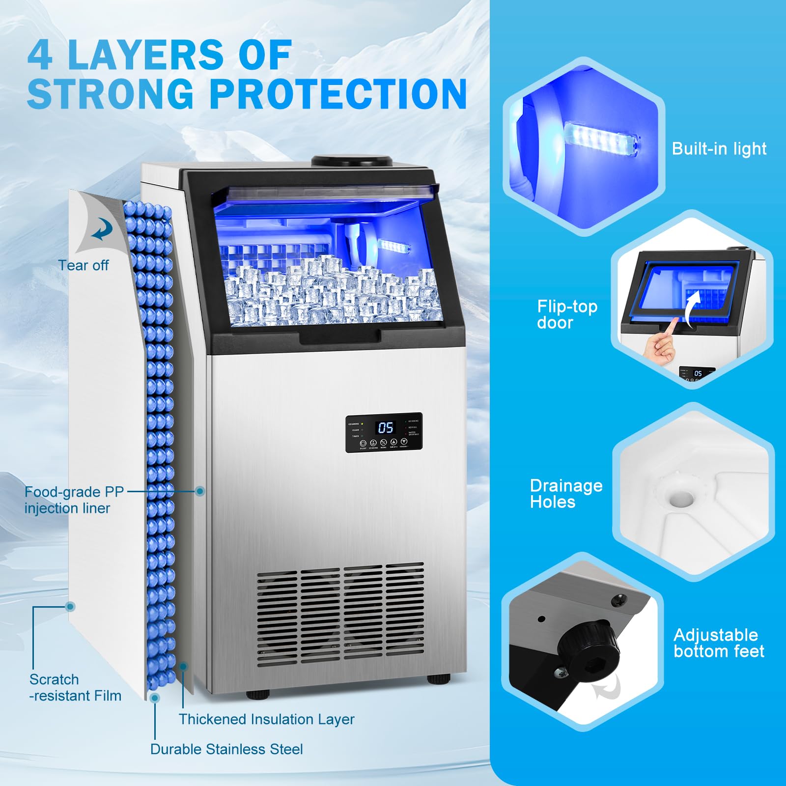 Commercial Ice Maker Machine 130Lbs/24H, Undercounter/Freestanding Ice Machine, 45 Ice Cubes in 4-15 Minutes, 35 lbs Ice Storage, 2 Water Supply Modes - Perfect for Home, Bar, and Outdoor