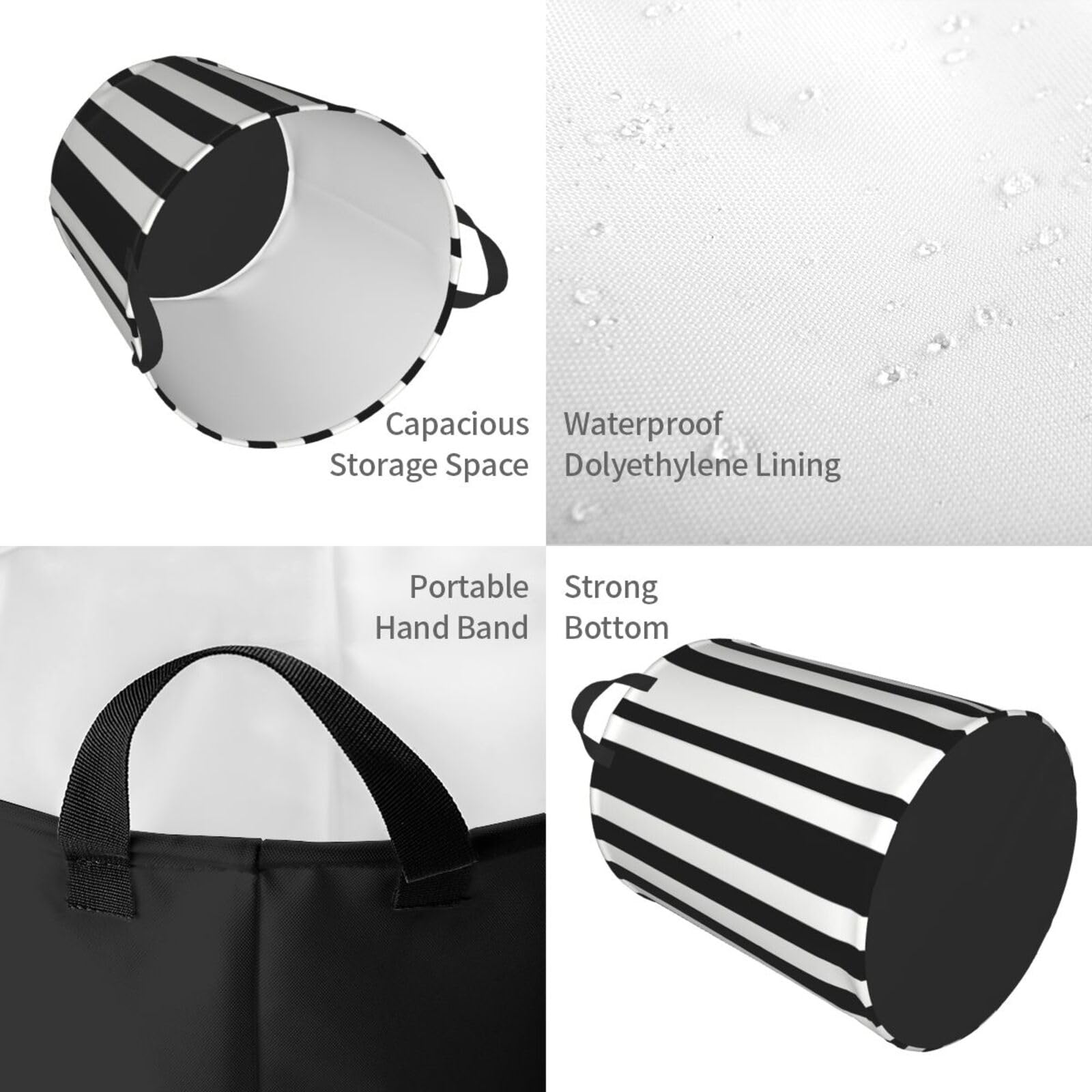 Black And-White Stripes Cartoon Cute Laundry Hamper Circular Laundrys Basket Waterproof Foldable Storage Clothes Bag